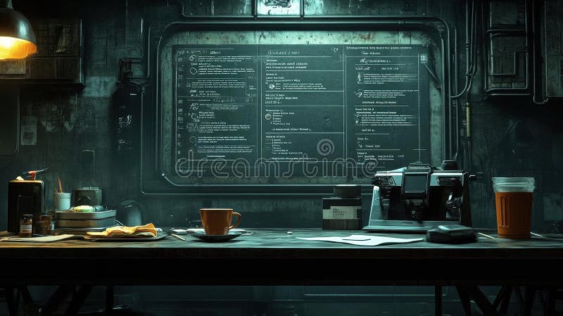 Cyberpunk Desk: Tech, Notes & Drink Stock Illustration - Illustration ...