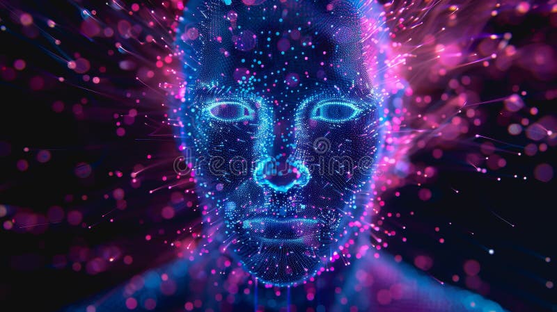 Cyberpunk Digital Face with Neon Lights, Data Streams, Glowing ...