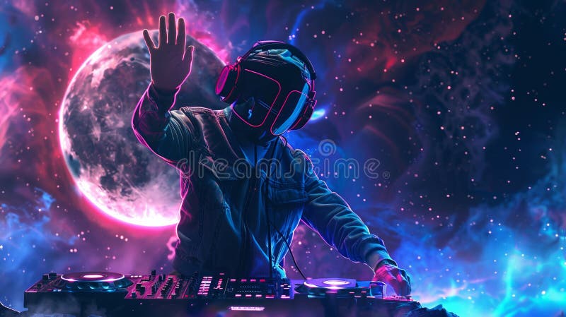 Cyberpunk Dj with a Mask on in Outer Space Waving at the Camera Playing ...