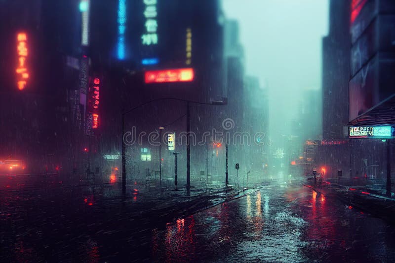 Cyberpunk Dystopian Cityscape, Futurism in a Foggy Rainy City Stock ... Cyberpunk Dystopian Cityscape, Futurism in a Foggy Rainy City Stock ...