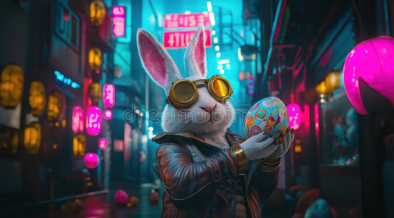Cyberpunk Easter Bunny Holding Decorated Egg Stock Photo - Image of ...