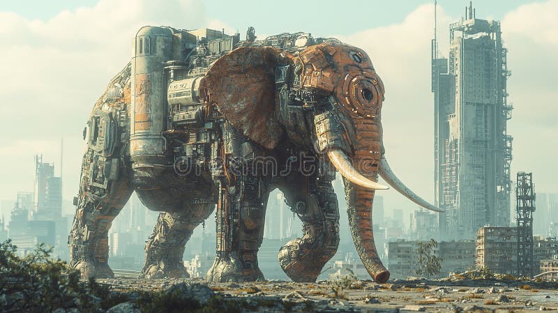 Cyberpunk Elephant Robot in a Ruined City Stock Illustration ...