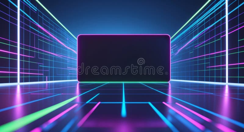 Cyberpunk Empty Frame Display with Glowing Neon Grid for Product ...