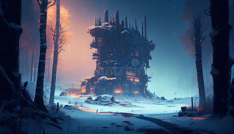 Cyberpunk Forest in Winter Landscape Background AI Generative Stock ...