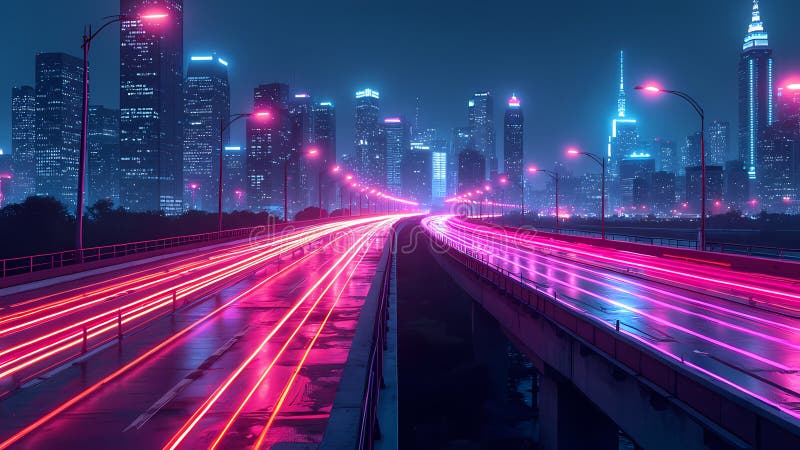Cyberpunk Freeway with Exaggerated Neon Trails Stock Illustration ...