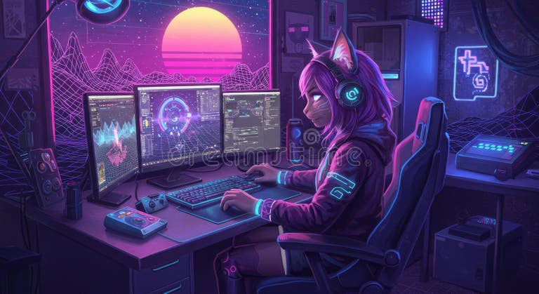 Cyberpunk Furry Programmer Immersed in Virtual Reality Coding Environment Stock Illustration ...