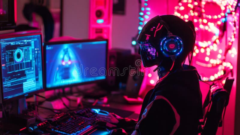 Cyberpunk Gamer in Neon Lit Room Immersed in Virtual Reality Game Stock Illustration ...