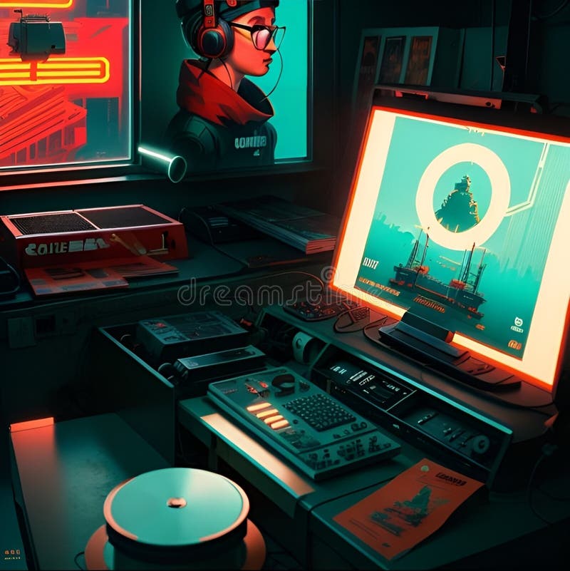 Cyberpunk Gamer Workspace with Computer and Gaming Equipment. 3d ...