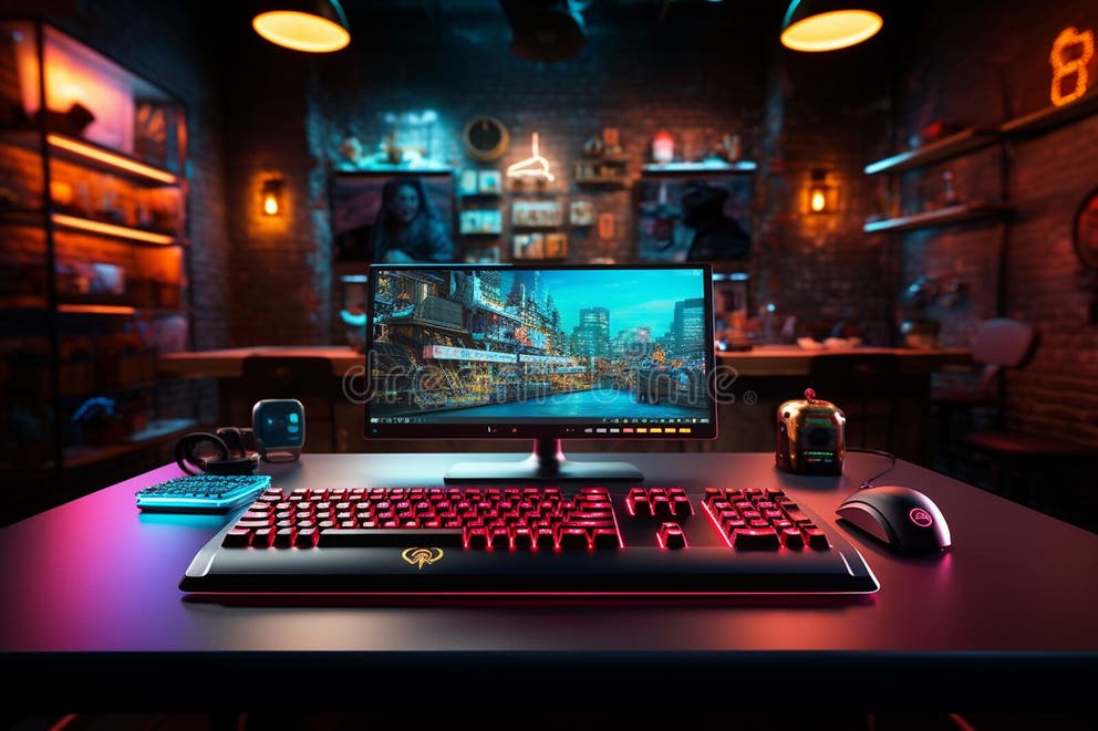 Cyberpunk Gamer Workspace with Personal Computer and Gaming Accessories ...