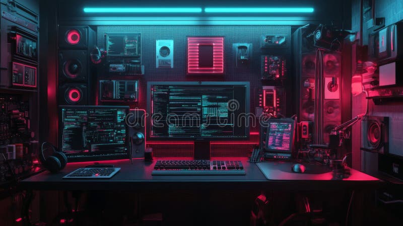 Cyberpunk Gamer Workstation with Neon Lights Stock Illustration ...