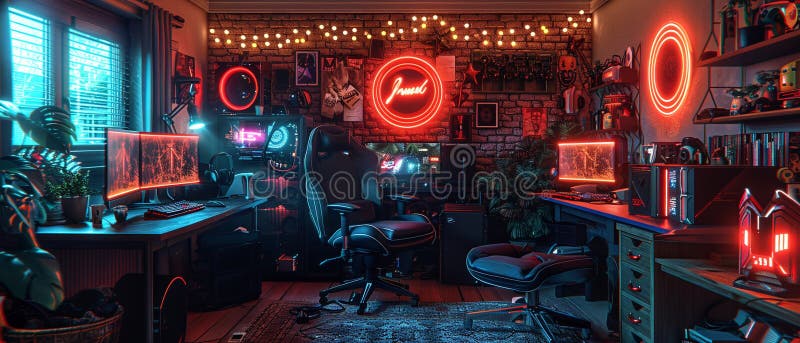 Cyberpunk Gaming Den with Neon Lights and High-tech Setups Stock Photo ...