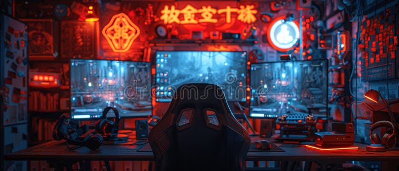 Cyberpunk Gaming Den with Neon Lights and High-tech Setups Stock Image ...