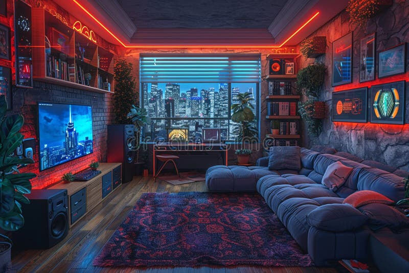 Cyberpunk Gaming Den with Neon Lights and High-tech Setups3D Render ...