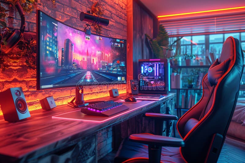 Cyberpunk Gaming Den with Neon Lights and High-tech Setups3D Render ...