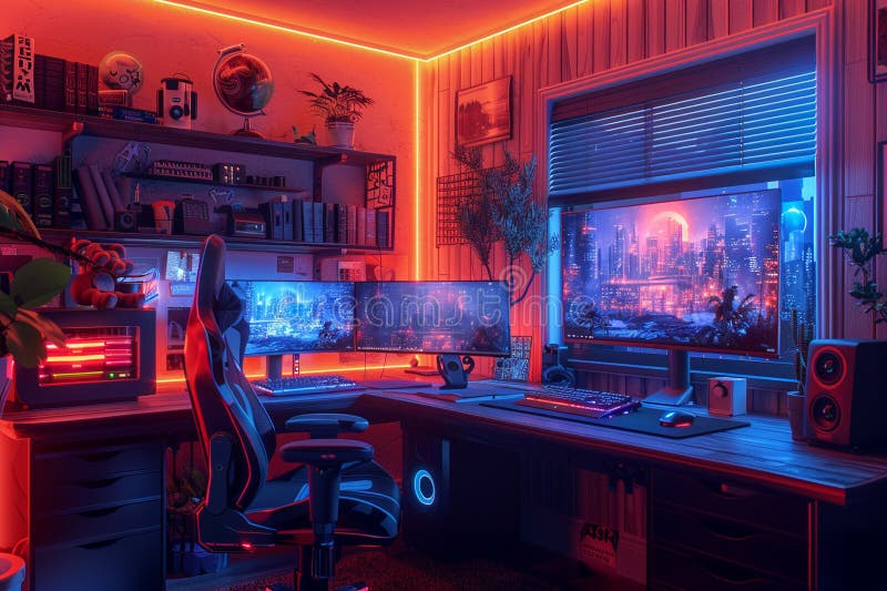 Cyberpunk Gaming Den with Neon Lights and High-tech Setups3D Render ...
