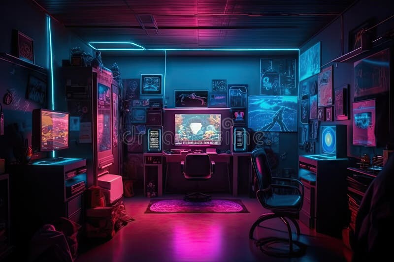 Cyberpunk Gaming Room Fl Screen Neon Lights Stock Illustration ...