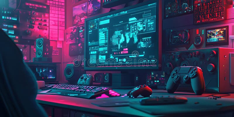 Cyberpunk Gaming Setup Wallpaper Neon Cityscape Background Stock ...