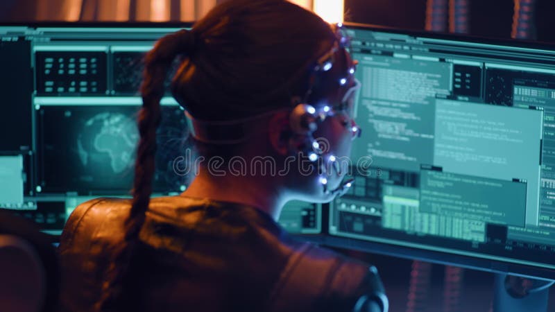 Girl in Cyberpunk Style Wearing One-eyed Glasses and Microphone with LED Lights Stock Footage ...