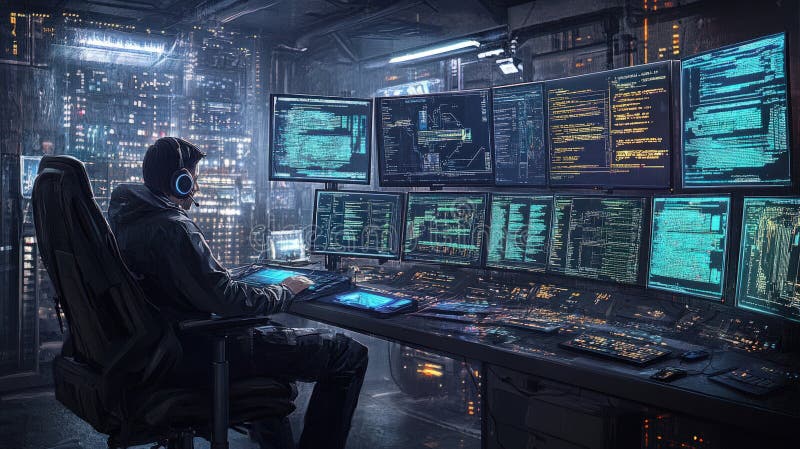 Cyberpunk Hacker in a Futuristic Control Room Stock Illustration ...