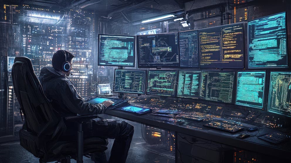 Cyberpunk Hacker in a Futuristic Control Room Stock Illustration ...