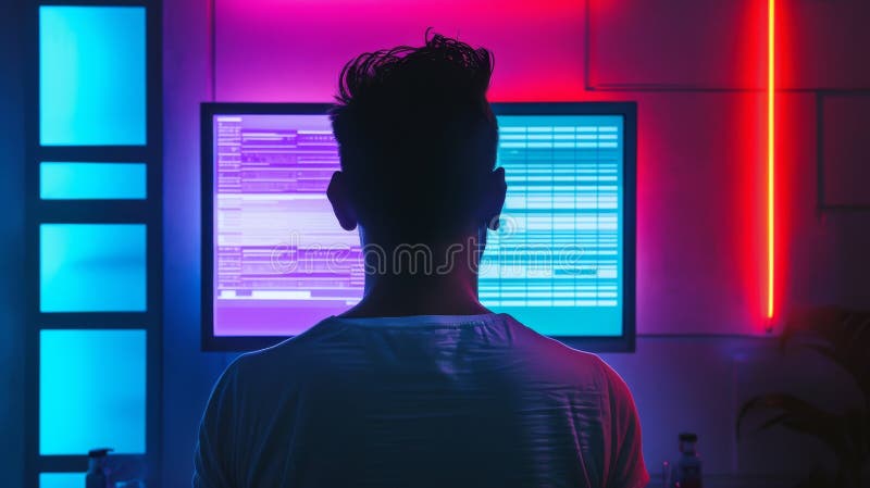 Cyberpunk Hacker Neon Lit Workspace Futuristic Screens Stock Photos ...