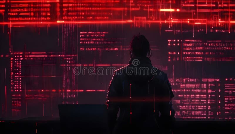 Cyberpunk Hacker in a Red-Lit Workspace Stock Vector - Illustration of ...