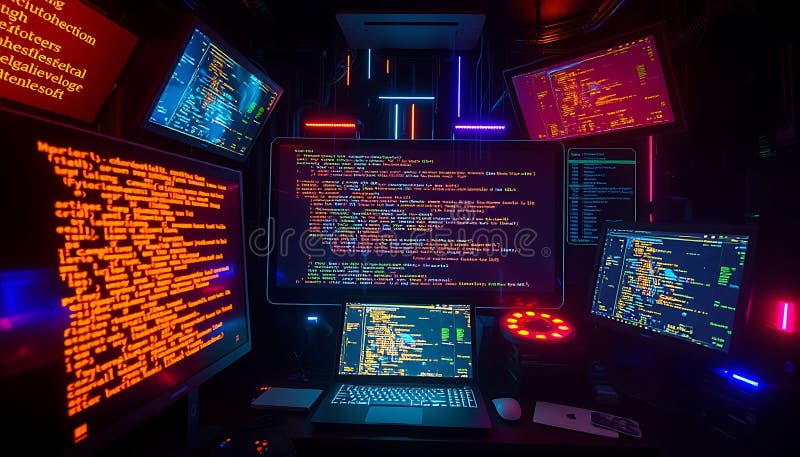 Cyberpunk Hacker Room Setup, Multiple Screens, Tech Workspace, Futuristic, Stock Photo ...