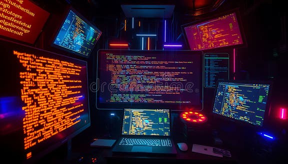 Cyberpunk Hacker Room Setup, Multiple Screens, Tech Workspace, Futuristic, Stock Photo ...