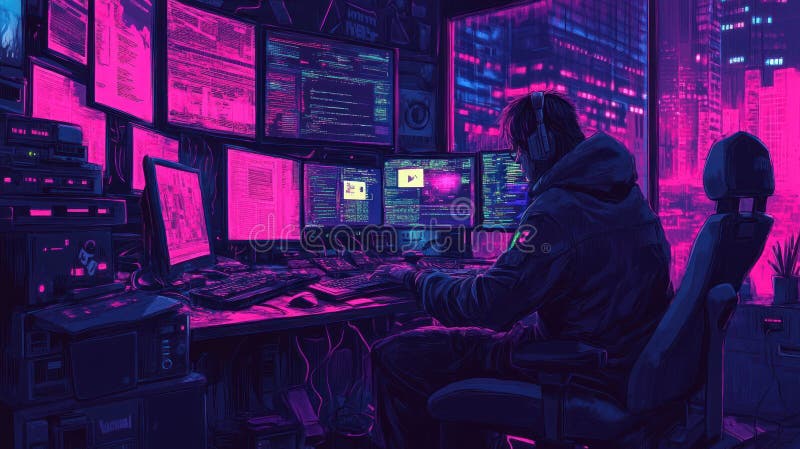 Cyberpunk hacker s room stock image. Image of future - 388390245