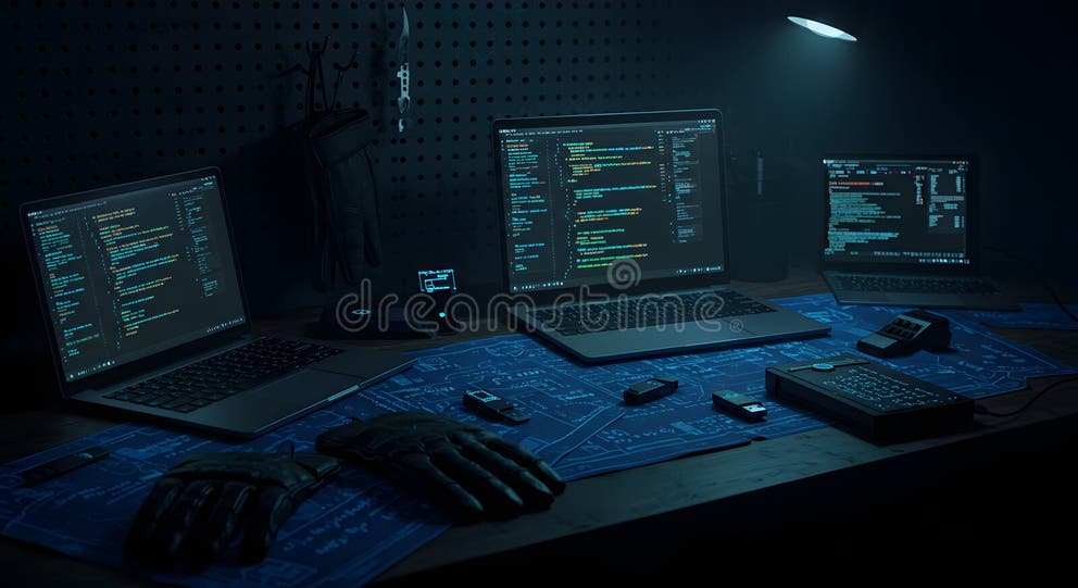 Cyberpunk Hacker S Workstation Stock Image - Image of intelligence, desk: 372914415