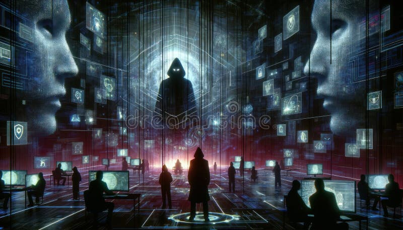 Cyberpunk hacker scene stock illustration. Illustration of holographic ...