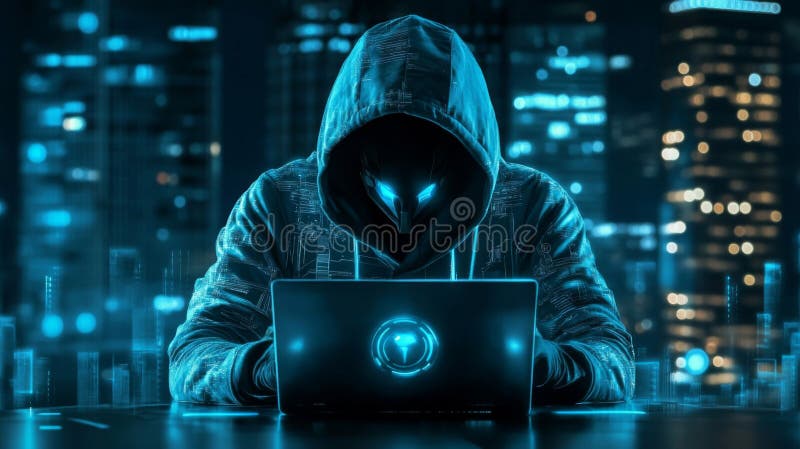 Cyberpunk Hacker Using Laptop in Neon City at Night Stock Illustration ...