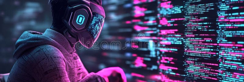 Cyberpunk Hacker in VR Gear on Code Background, Programming, Internet Technology. Coding Concept ...