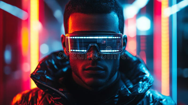 Cyberpunk Hacker Wearing Augmented Reality Glasses in Neon Lights Stock ...