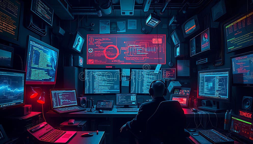 Cyberpunk Hacker Workspace. Futuristic Tech Setup, Stock Photo, Generative AI Stock Illustration ...