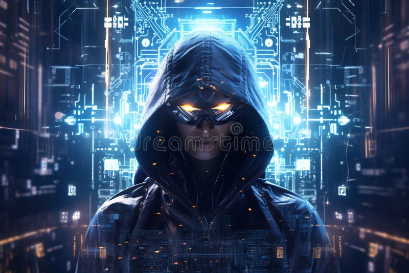 Cyberpunk Hacker in a Futuristic City Surrounded by Holographic ...