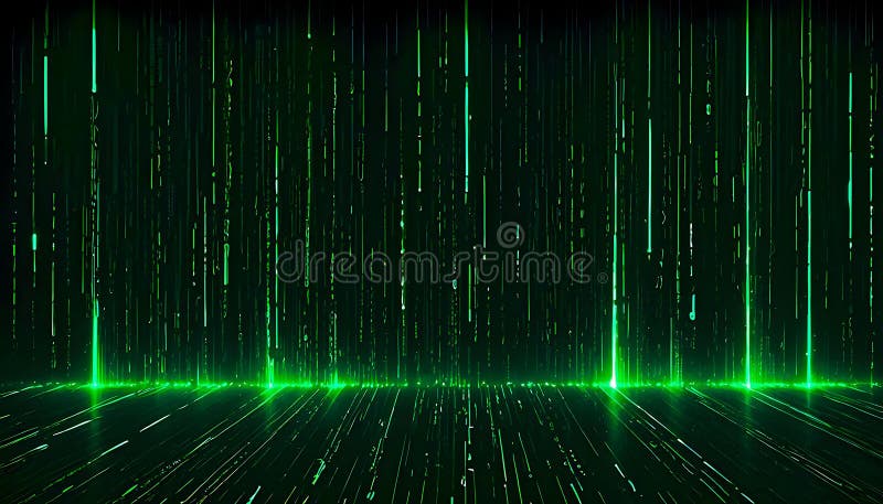 A Cyberpunk-Inspired Background with Cascading Green Lines and Glowing ...