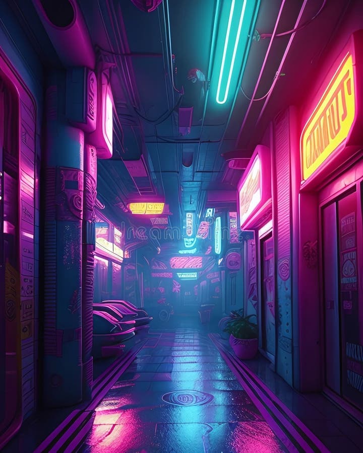 Cyberpunk-inspired City with Neon Lights Stock Illustration ...