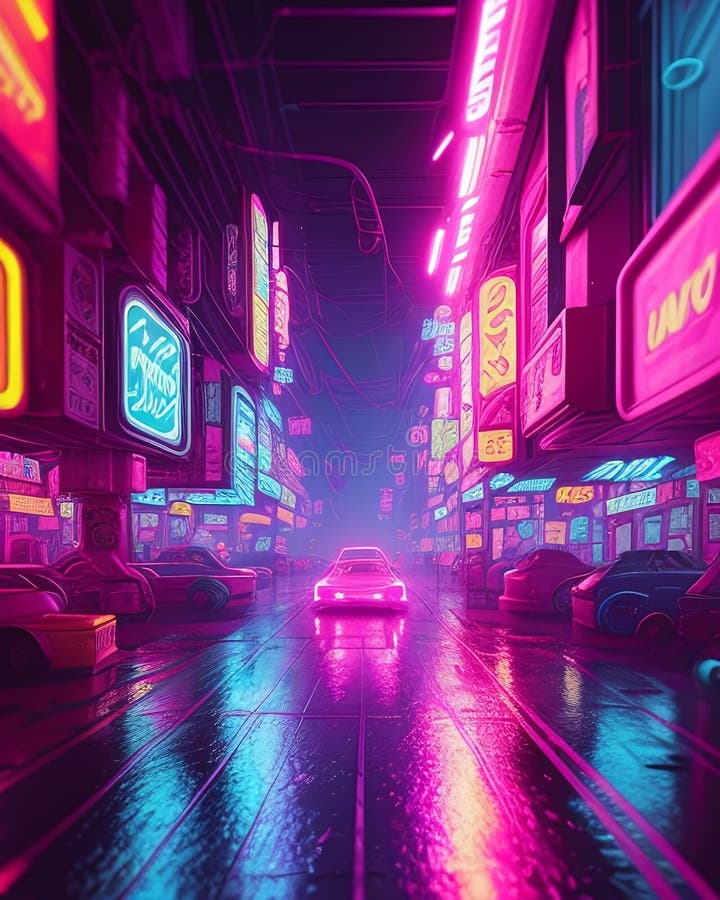 Cyberpunk-inspired City with Neon Lights Stock Illustration ...