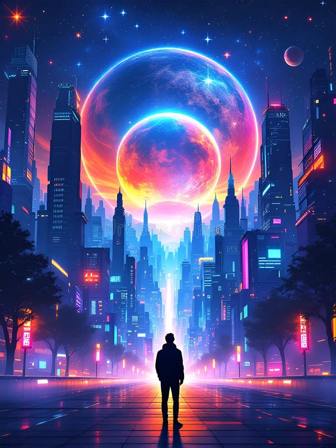 Cyberpunk-Inspired Digital Art of a High-Tech Skyline Under a Celestial ...