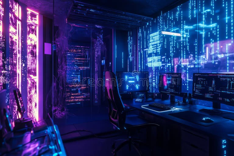 A Cyberpunk Inspired Tech Lab with Neon Holographic Projections, Sleek ...
