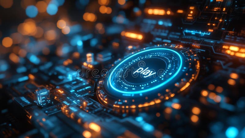 Cyberpunk-inspired Virtual Interface with Glowing Play Button and ...