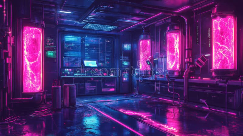 Cyberpunk Laboratory with Glowing Neon Walls Stock Illustration ...