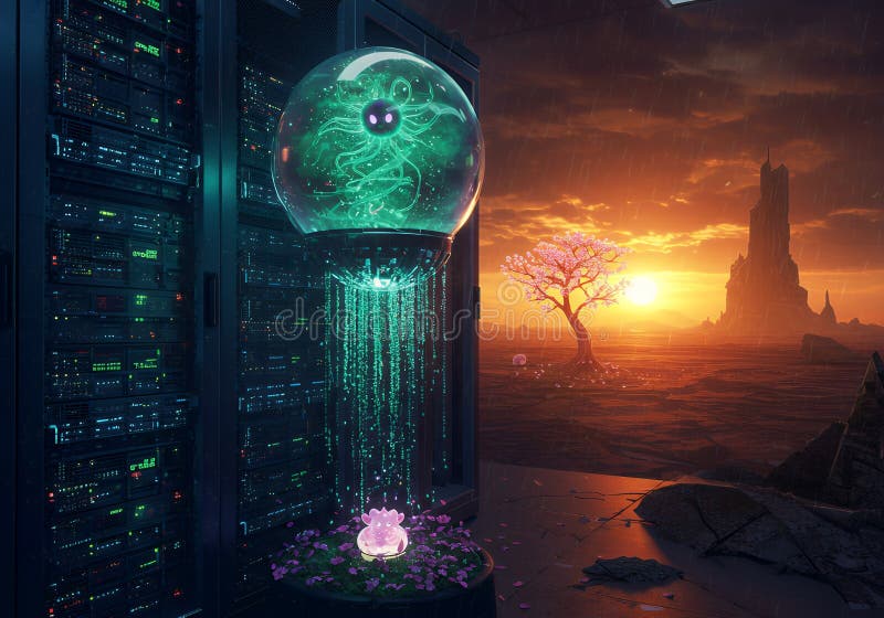 Cyberpunk Landscape with Glowing Server Artificial Intelligence Sunset ...