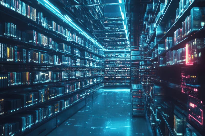 A Cyberpunk Library with Endless Rows of Data Drives instead of Books ...