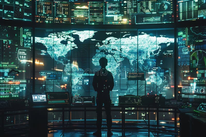 Cyberpunk Man in Control Digital World Map, Data Screens, High Tech ...