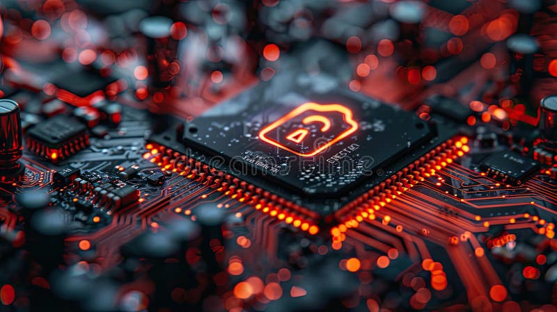 Cyberpunk Motherboard with Glowing Lock Icon Stock Illustration ...