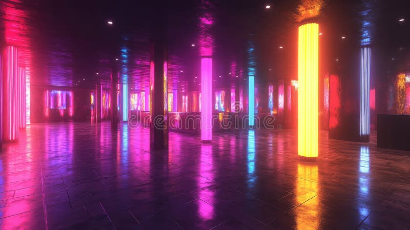 Cyberpunk Neon Cityscape at Night with Glowing Columns Stock ...