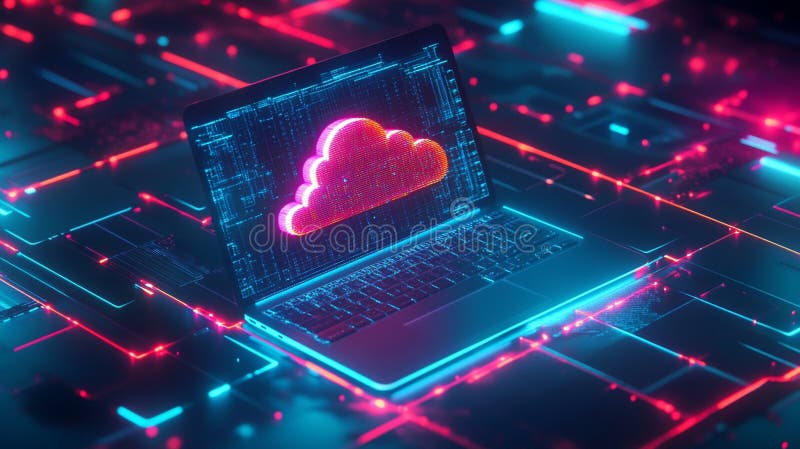 Cyberpunk Neon Cloud Computing Laptop Digital Art Abstract Background Technology Future ...