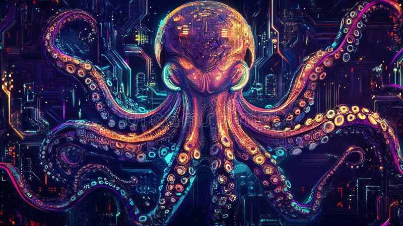Cyberpunk Octopus. Technology and Organic Merge into a Glowing ...